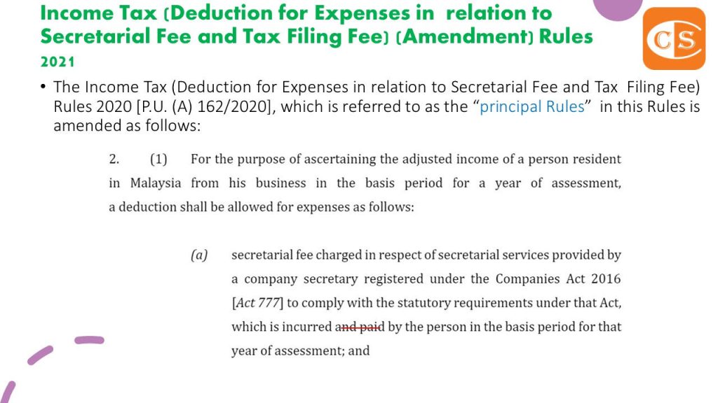 Deduction for Expenses in relation to Secretarial Fee and Tax Filing ...