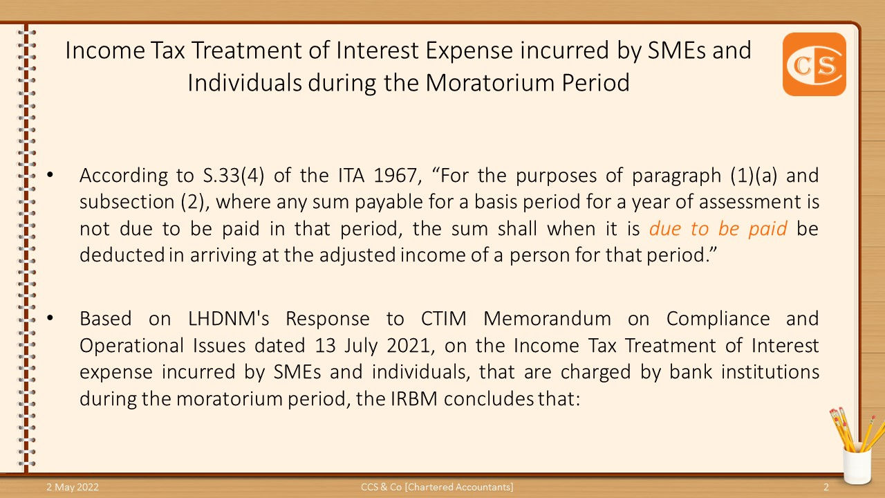 Income Tax Treatment of Interest expense incurred during the Moratorium ...