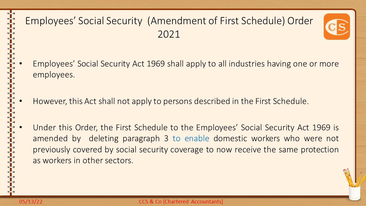 Employees’ Social Security (Amendment of First Schedule) Order 2021 – CCS