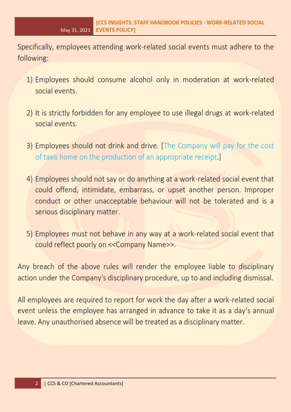 Staff Handbook – Work-related Social Events Policy – CCS