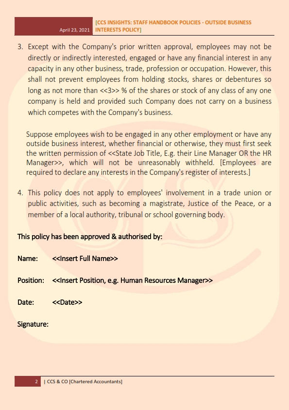 Staff Handbook – Outside Business Interests Policy – CCS