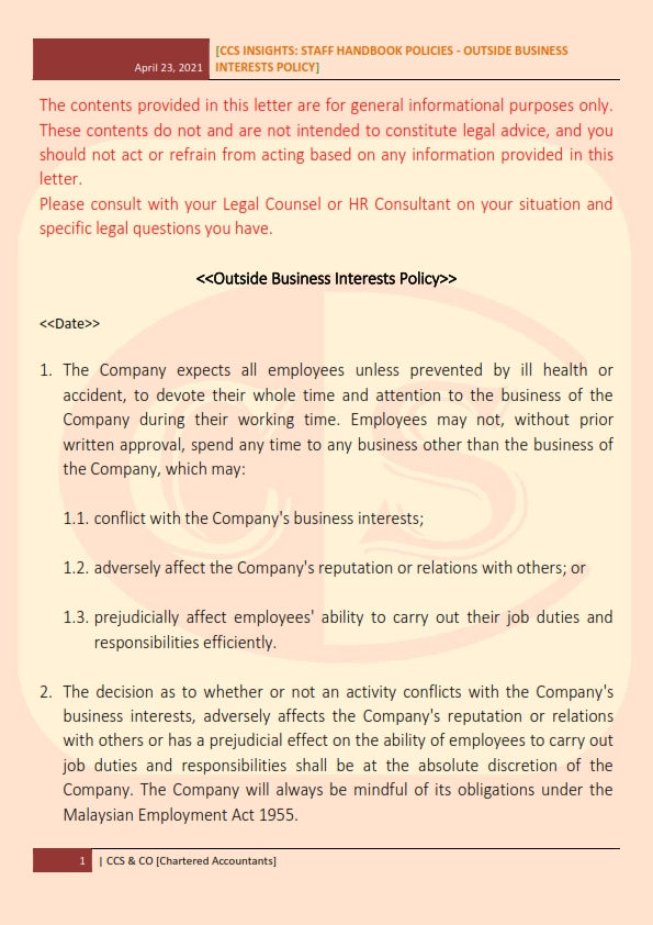 Staff Handbook – Outside Business Interests Policy – CCS
